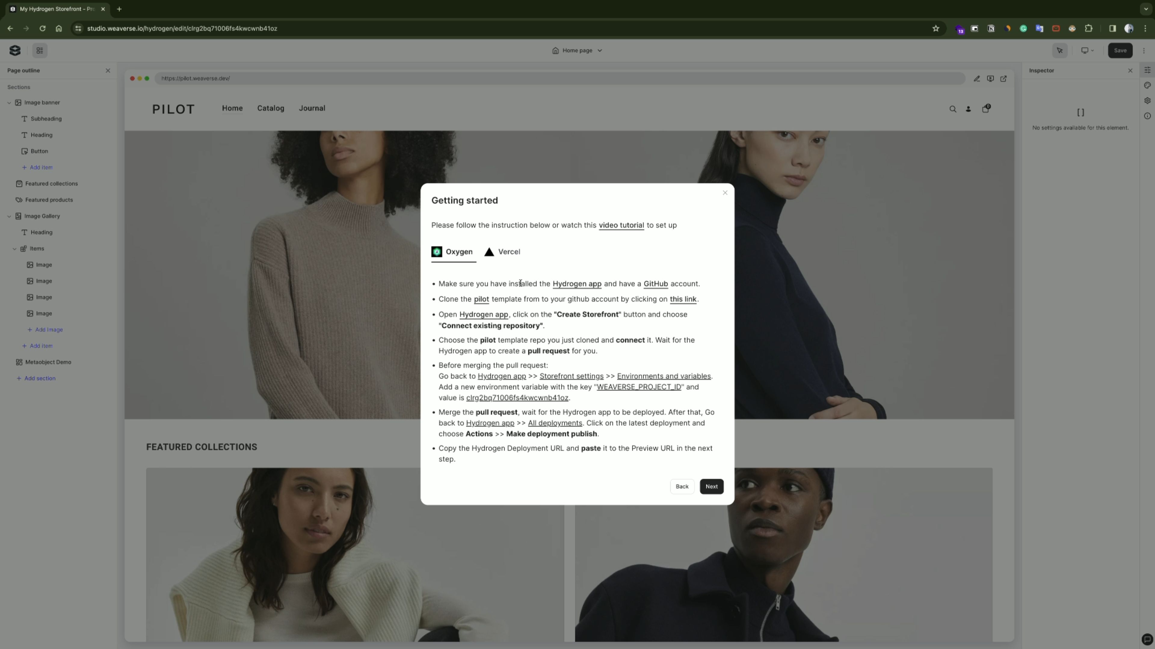 deploy weaverse pilot theme to oxygen - Descript